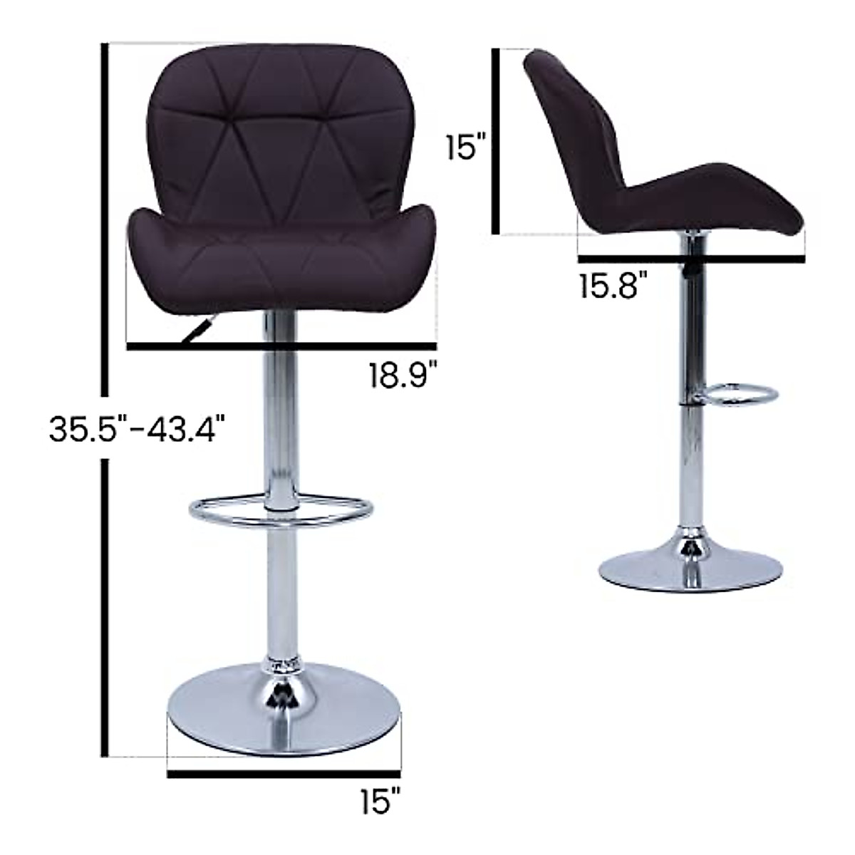 Puluomis Set of 2 Brown Shell Shaped Bar Stools Modern Gas-Lift Adjustable Swivel Leather Chair with Back, Chrome Base Counter Barstools, Large