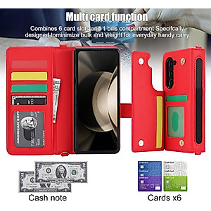 FHZXHY Wallet Case for Samsung Galaxy Z Fold 5 5G with Pen Slot Crossbody Strap Wrist Handbag Leather Button Purse Card Slots Holder Phone Case Galaxy Z Fold 5 Case for Women Girls-red