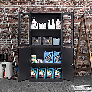 STANI Metal Storage Cabinet, Display Cabinet with Glass Doors, Locking Storage Cabinet with 4 Doors and Adjustable Shelf, Freestanding Metal Cabinet for Home Office Kitchen School