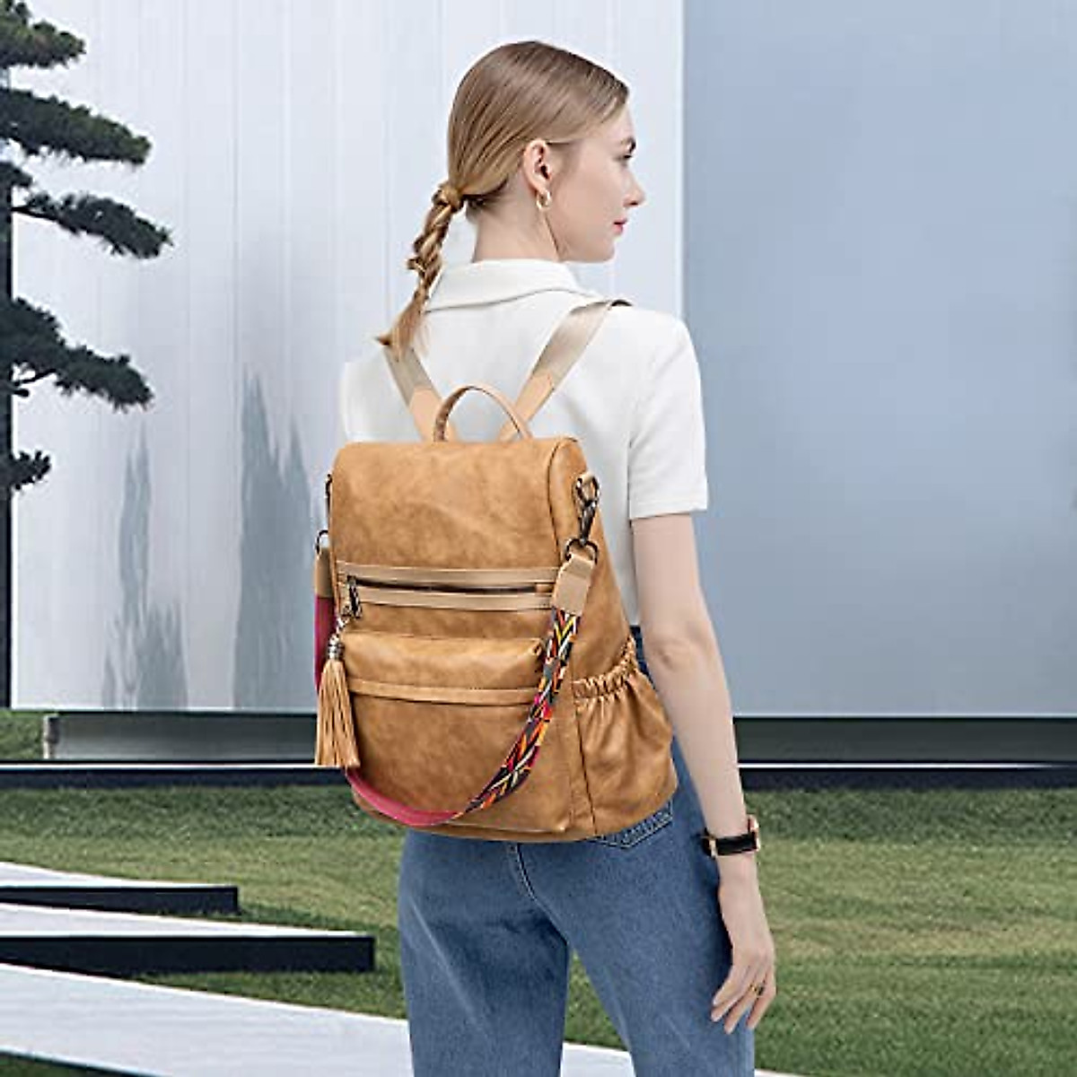 PINCNEL Backpack Purse for Women – Fashion Womens PU Leather Backpack – Anti-Theft Backpack Shoulder Bag with Multifunctional Pockets – Women Backpack Purse for Traveling, School, Office (Khaki)