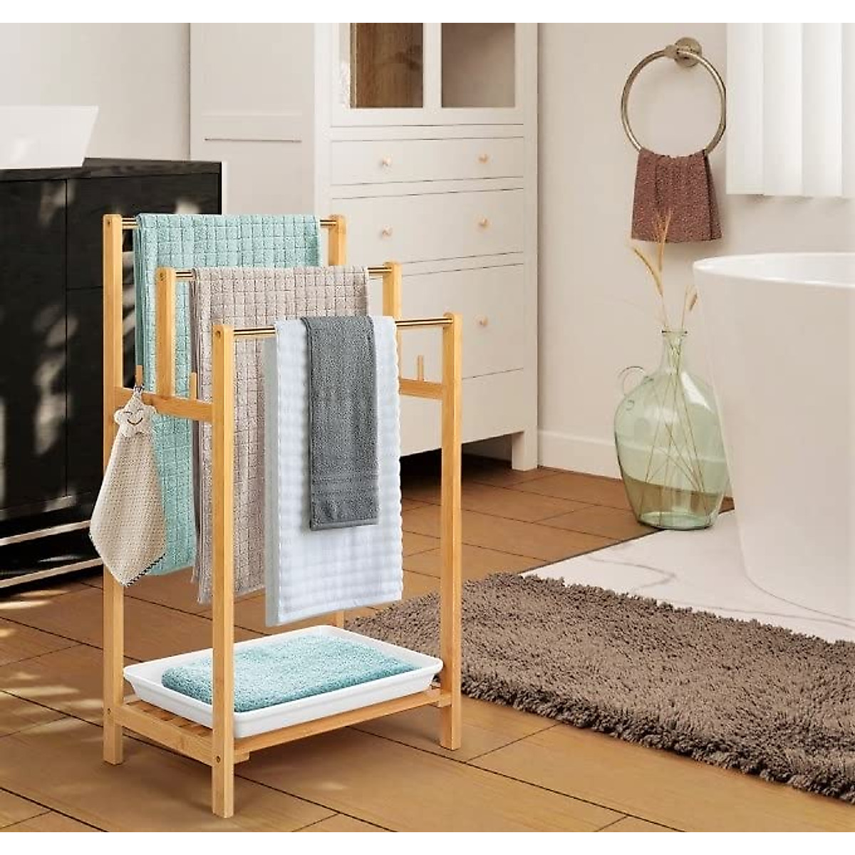 Nisorpa 3 Tier Freestanding Towel Rack Bamboo Bathroom Towel Drying Stand Holder Bamboo Standing Towel Rack with Bottom Storage Shelf for Hand Towel Washcloth Facecloth Small Bath Towel and Bathrobe