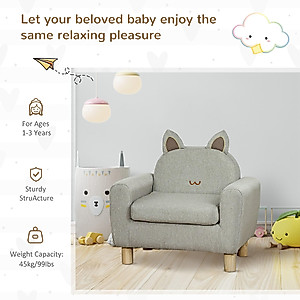 Qaba Kids Sofa, Toddler Armchair and Couch with Cat Ear Backrest and Wooden Legs Preschool, Bedroom, Kindergarten, Grey