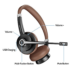 Bluetooth Headset V5.0, Hands free Wireless Headset with Noise Cancelling Microphone for Cell Phone, HD Stereo Sound & 25Hrs Playtime On-Ear Computer Headphones with USB-A Dongle for PC Laptop Skype