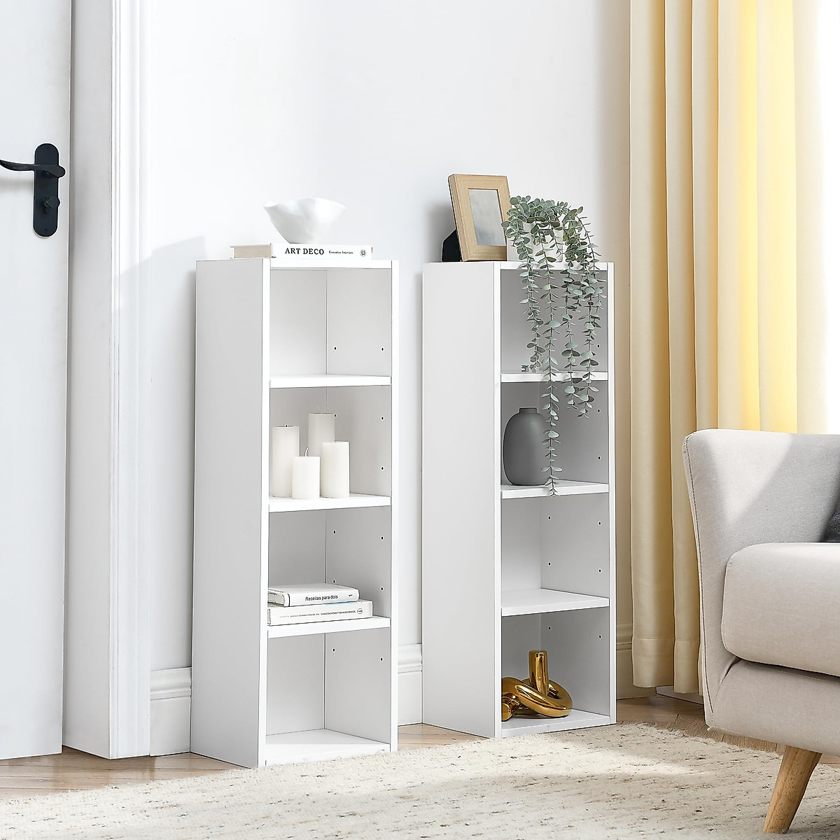 SEHAONOHOME 8-Tier Media Tower Rack, CD DVD Slim Storage Cabinet with Adjustable Shelves, Multi Functional Tall Narrow Bookcase Display Bookshelf for Home Office, White