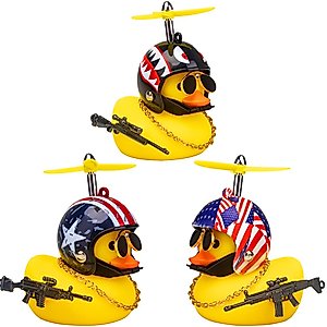 wonuu 3 Pack Car Rubber Duck Cute Yellow Wind-Breaking Ducks Dashboard Decorations Small Ornaments with Propellers Glasses Gold Chain (Yellow-Stars and Stripes&Flag&Shark)