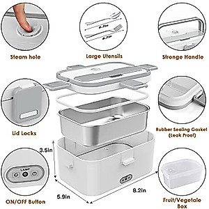 tuhood Electric Lunch Box[Upgraded],Portable Food Warmer,70W,1.8L,Office/Car/Truck Suitable,Strengthened Handle,Leaking Proof,with Free Fork,Spoon and Insulation Bag...