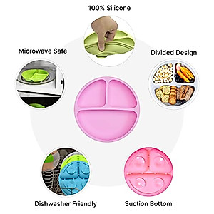 PlusLove Silicone Suction Plate– 100% Silicone Baby Plate, Toddler Plate, Kid Plates, Divided Plate With Suction Feature |Baby Led Weaning Plate| 3 Pack (Orange, Yellow, Teal, With Lids)