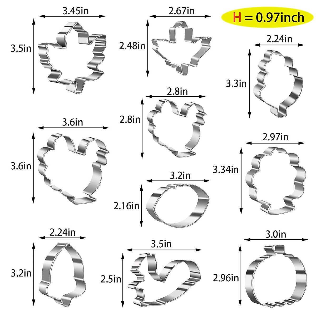Thanksgiving Cookie Cutters Set – Pumpkin, Football, Turkey, Maple Leaf, Oak Leaf, Squirrel, Acorn - 10Pce Fall Holiday Cookie Cutters - Large Cookie Cutters for Fall Thanksgiving Party (Gift Package)