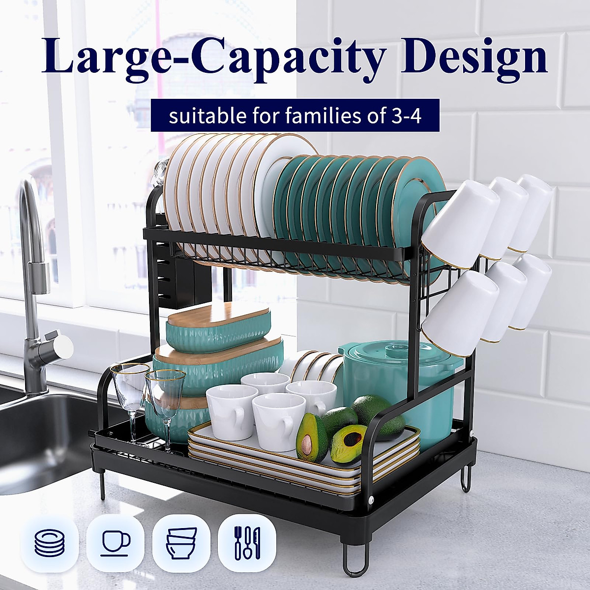 Kitsure 2-Tier Dish Drying Rack - Large Kitchen Counter Dish Drainer with Cutlery Holder & Cup Holder, 4064BL
