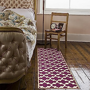 Machine Washable Moroccan Trellis Design Non-Slip Rubberback 2x5 Traditional Indoor Runner Rug for Hallway, Kitchen, Bedroom, Entryway, 20" x 59", Purple