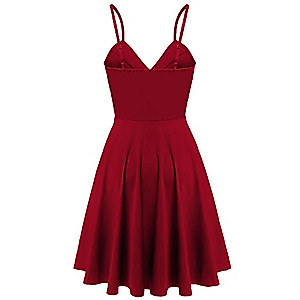 ELESOL Women Sexy Deep V-Neck Backless Spaghetti Strap Skater Dress Short Red Dress Wine Red L