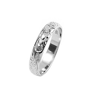 Arthur's Jewelry 14K white gold custom hand engraved Hawaiian queen plumeria scroll band ring 4mm size 9.5