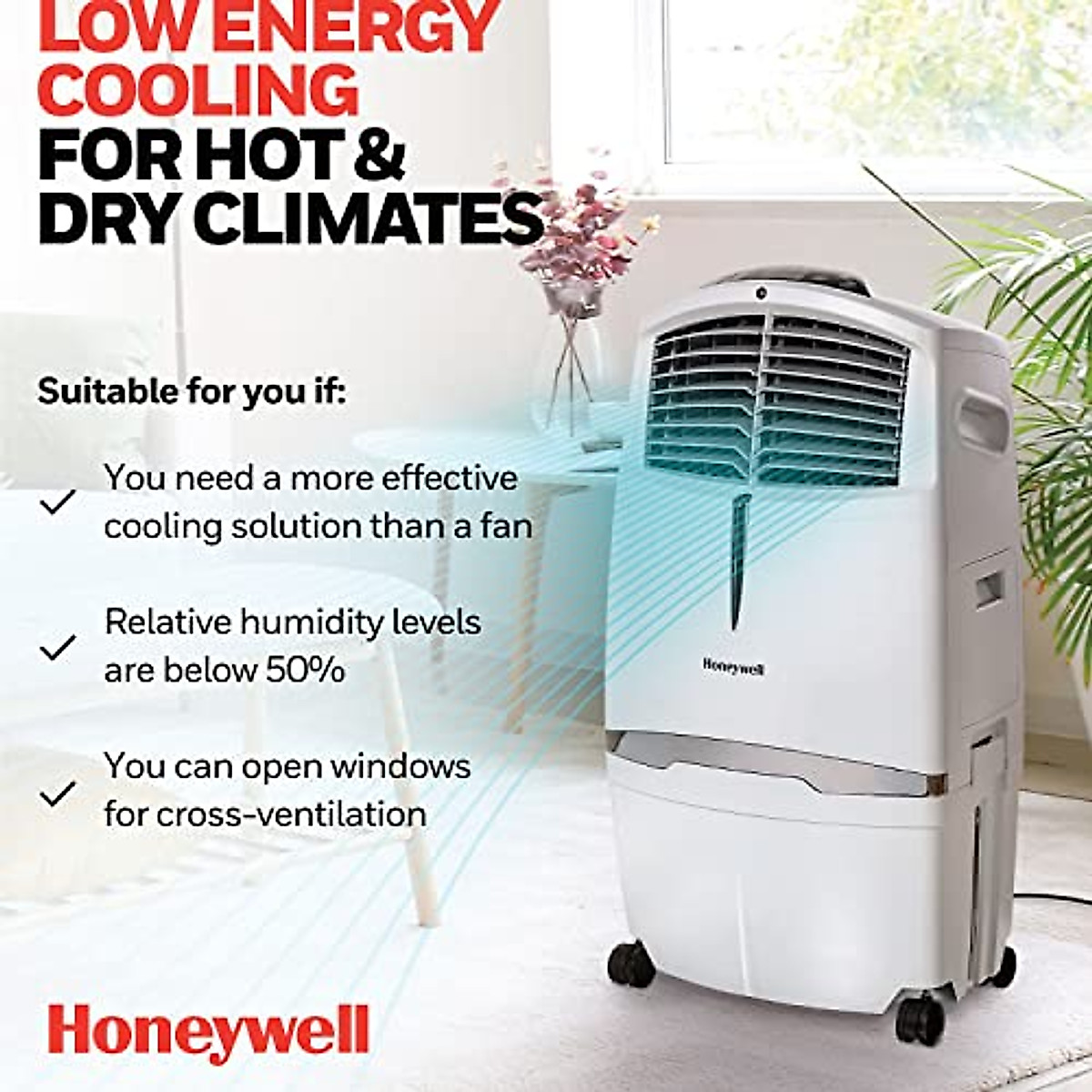 Honeywell 525 CFM Indoor Portable Evaporative Air Cooler, Fan & Humidifier with Ice Compartment & Remote, White