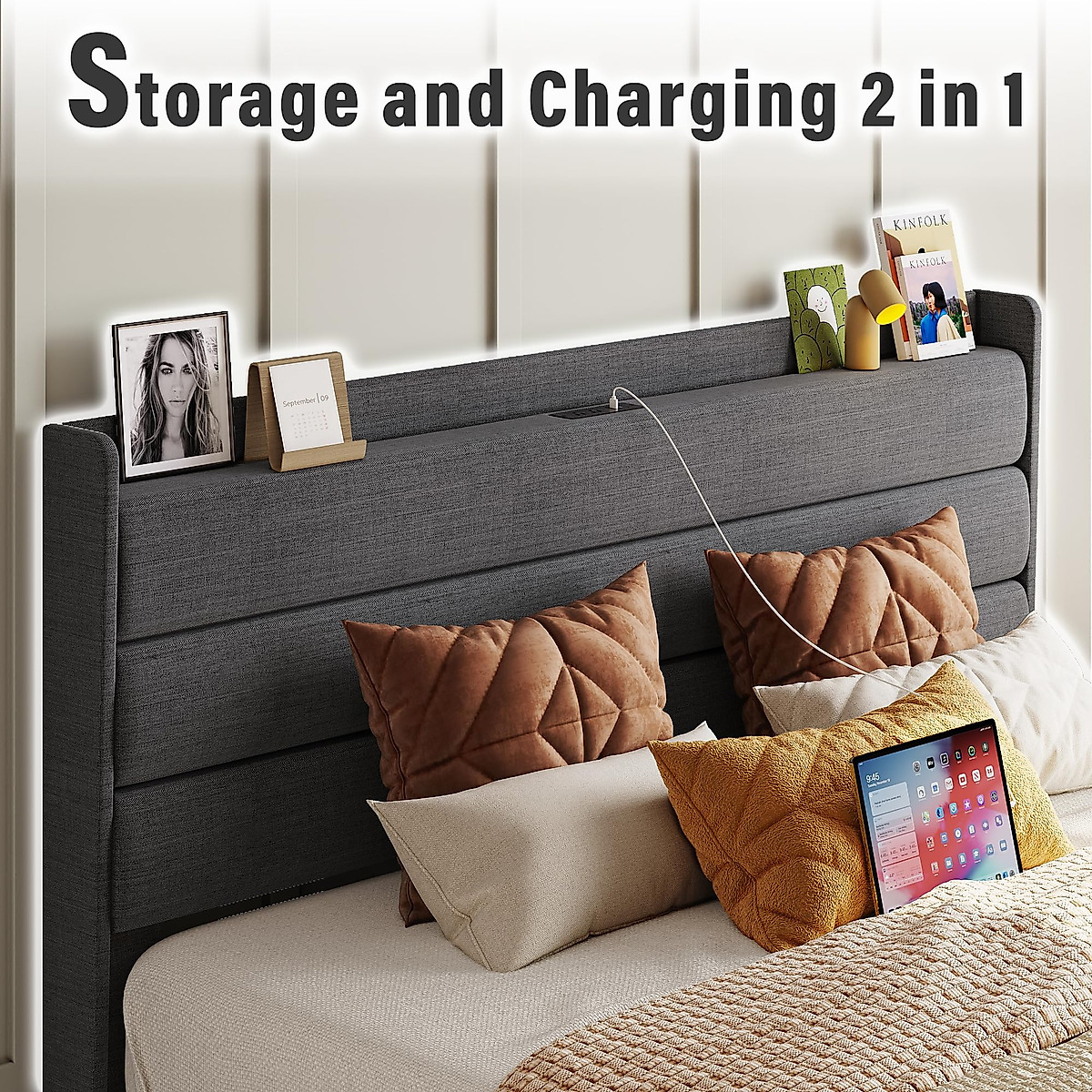 LIKIMIO King Size Bed Frame, Storage Headboard with Outlets, Sturdy and Stable, No Noise, No Box Springs Needed, Dark Gray