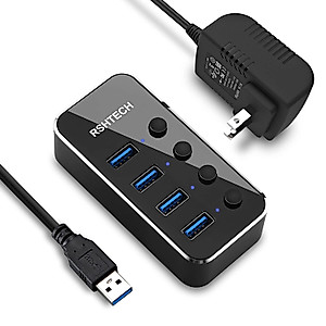 Powered USB Hub, RSHTECH 4 Port USB 3.0 Hub Splitter Portable Aluminum USB Data Hub Expander with Individual On/Off Switch and Universal 5V AC Adapter, 3.3ft USB 3.0 Cable (RSH-516)