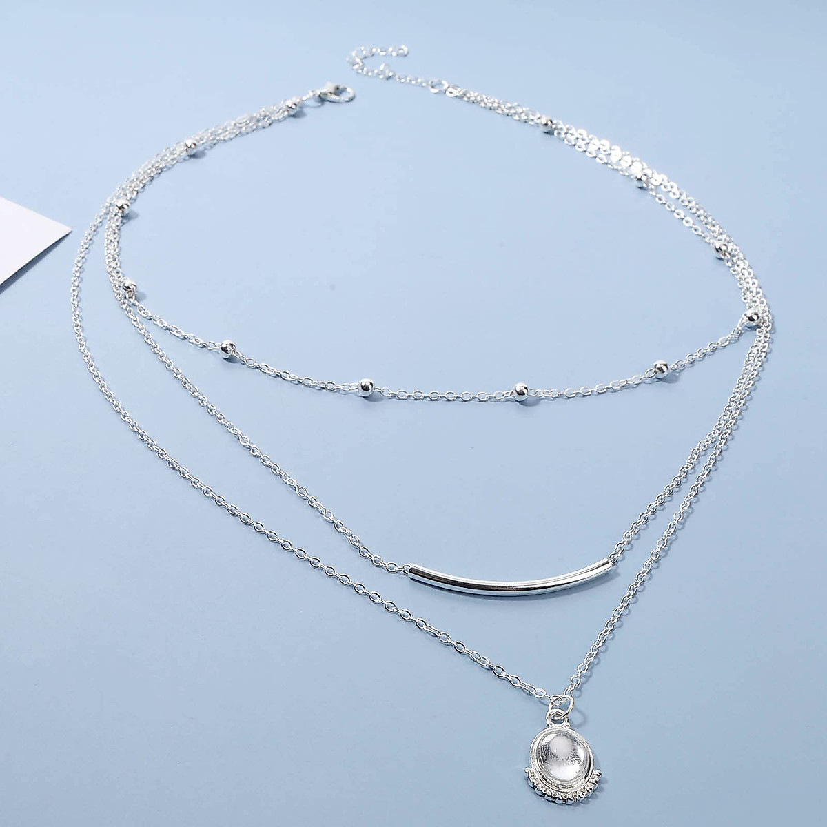 Yheakne Boho Layered Opal Moonstone Necklace Choker Silver Carved Bar Necklace Tube Necklace Vintage Multi Layer Necklace Chain Jewelry for Women