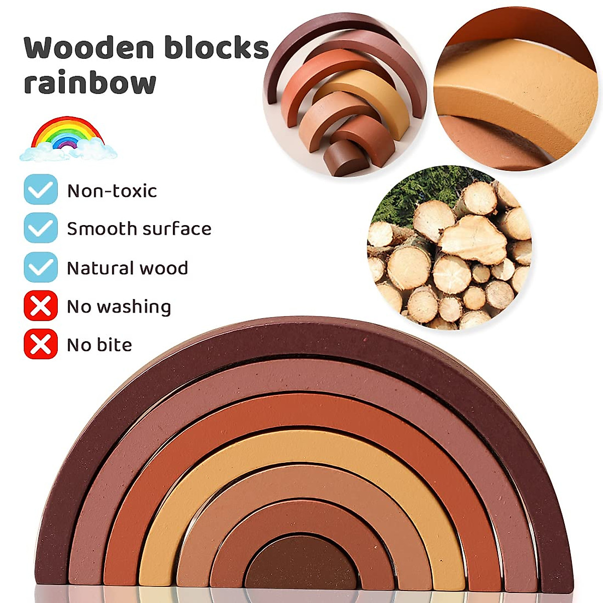 Wooden Rainbow Stacker Nesting Puzzle Blocks, 7pcs Wooden Sorting & Stacking Toys for Toddlers, Building Blocks Set Early Educational Montessori Matching Toys for Preschool Boys Girls