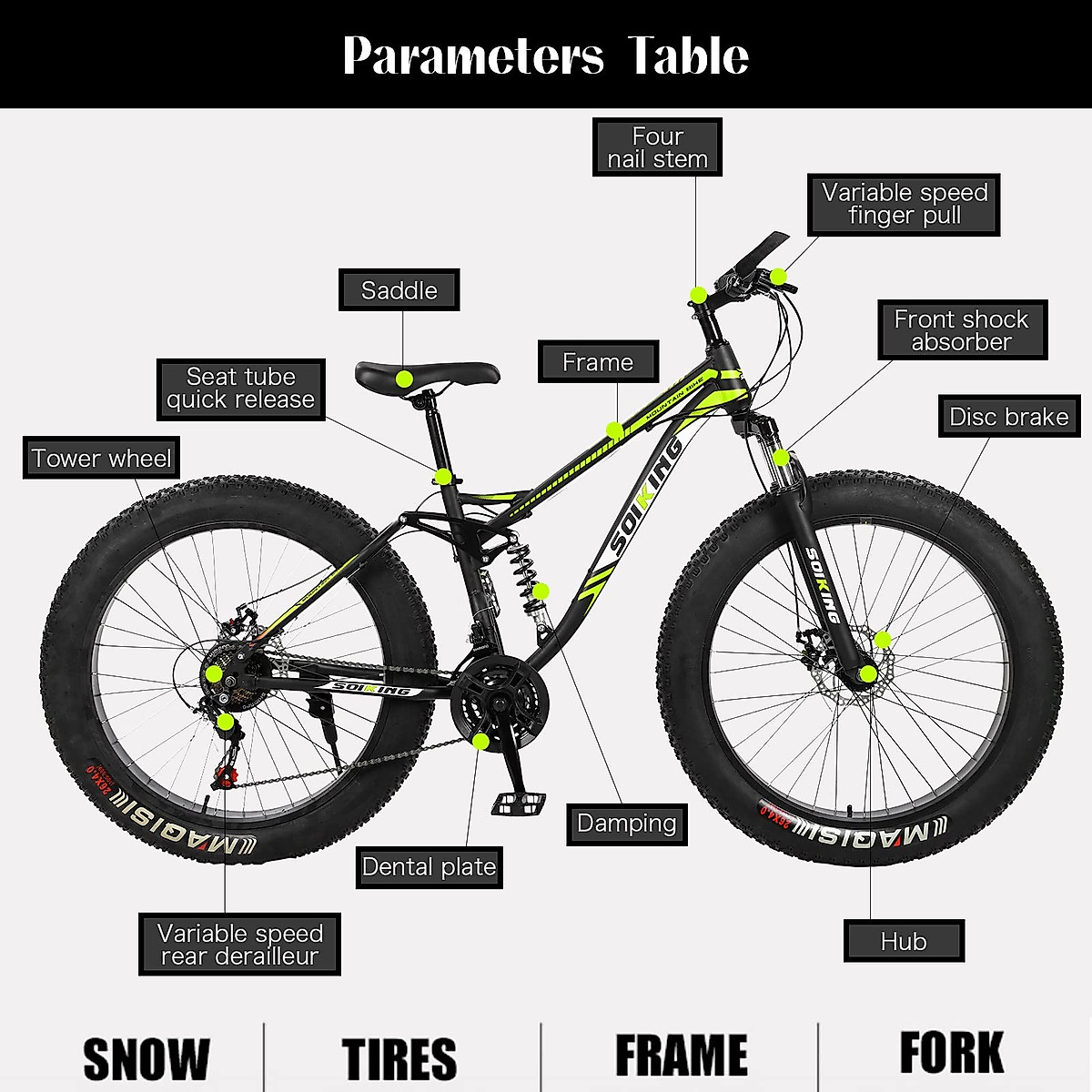 Fat Tire Mountain Bike, 26'' 21 Speed Outdoor Snow Beach Hybrid MTB Racing Bikes for Adult Women Men, Comfort Complete Cruiser Bicycle, Lightweight City Commuter Road Cycling, Dual Disc Brakes (N)