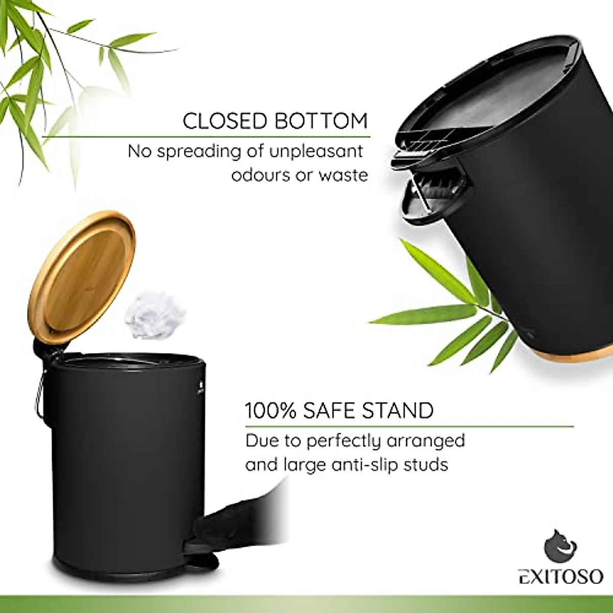 Exitoso Mini Trash Can with Lid - 3L / 0.8Gal - Small Trash Can with Lid for Bathroom - Black Bathroom Trash Can - Stainless Steel Bathroom Garbage Can with Lid - Black Trash Can Bathroom with Lid
