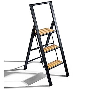 Step Ladder 3 Step Folding, Decorative - Beautiful Bamboo & Black Aluminum, Ultra Slim Profile, Anti Slip Steps, Sturdy-Portable for Home, Office, Kitchen, Photography Use,by SORFEY