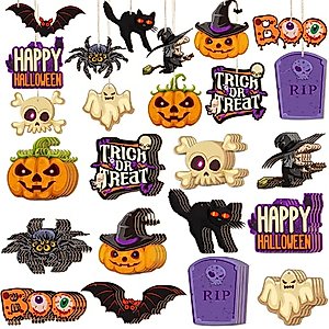 36 Pieces/12 Styles Halloween Wooden Ornaments Halloween Party Hanging Embellishments Pumpkin Bat Witch Spider Ornaments with 11 Yards Natural Rope for DIY Crafts Party Decorations