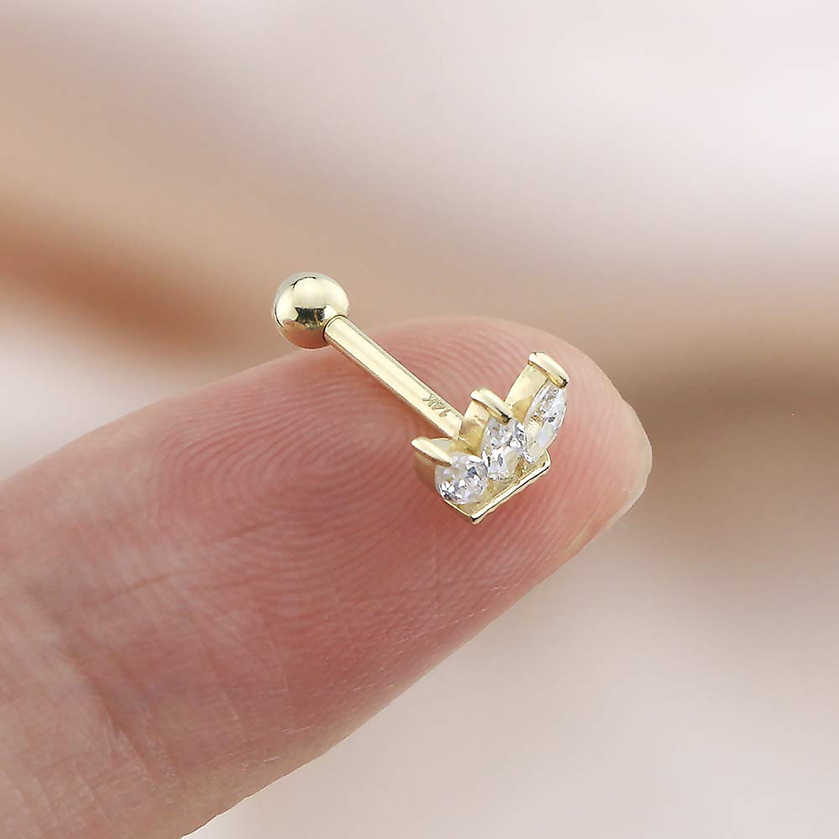 Jewseen 14K Gold Cartilage Earring Cubic Zirconia Tragus Earring 16g Crown Design Helix Stud Rings Solid Gold Conch Ear Piercing Jewelry