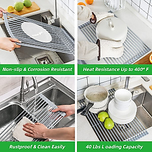 Wizdays Roll Up Dish Drying Rack Kitchen Sink, 17"x13" Foldable Food Safe Grade Silicone Wrapped Stainless Steel Dish Drying Rack, Space Saver, Easy to Use, Clean & Store