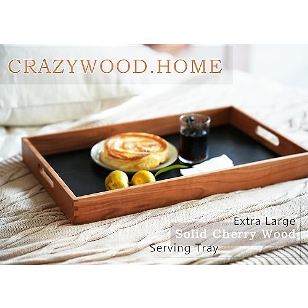 CRAZYWOOD Mystic Black Collection Cherry Wood Serving Tray, 22x13.5 Inch Food Drinks Tray for Coffee Table, Breakfast, Dinner & Bar, Rustic Decorative Storage Tray for Ottoman, Kitchen, Bedroom