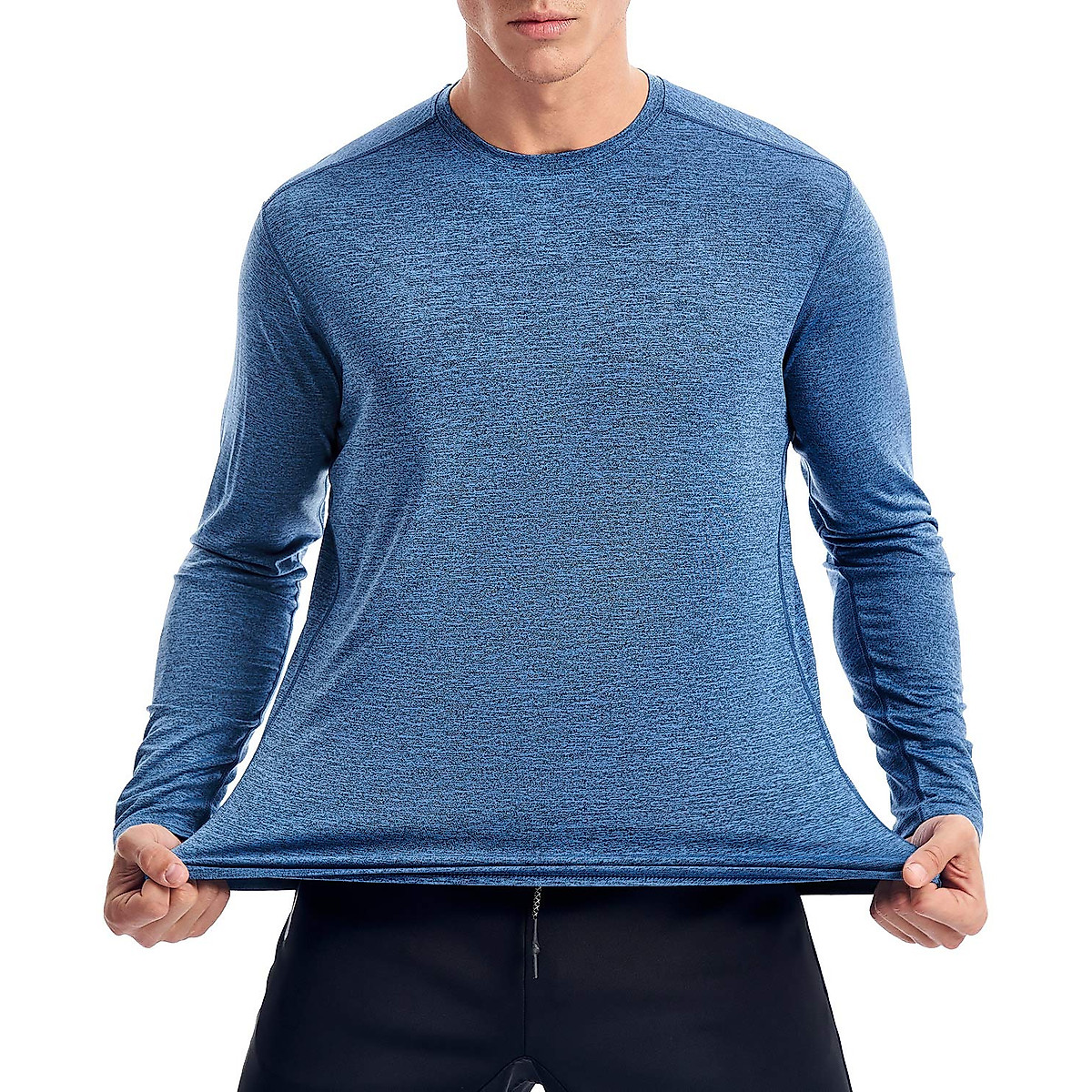 Long Sleeve Workout Shirts for Men Dry Fit Moisture Wicking(Blue Heather,L)