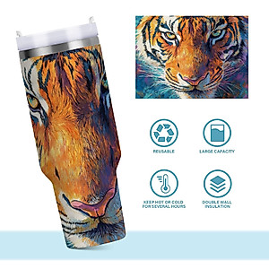 Msyxl 40 oz Insulated Stainless Steel Tumbler with Handle and Straw Lid - Leak-proof Coffee Mug for Men Women, Travel Mug Fits Cup Holder (Close-up Tiger Face)