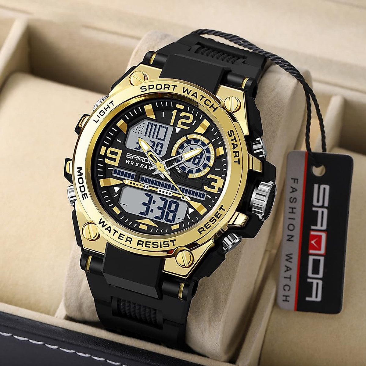 Military Watches for Men Tactical Waterproof Outdoor Sports Watch Analog Digital Multifunction Dual Display Mens Wristwatch (Gold black)