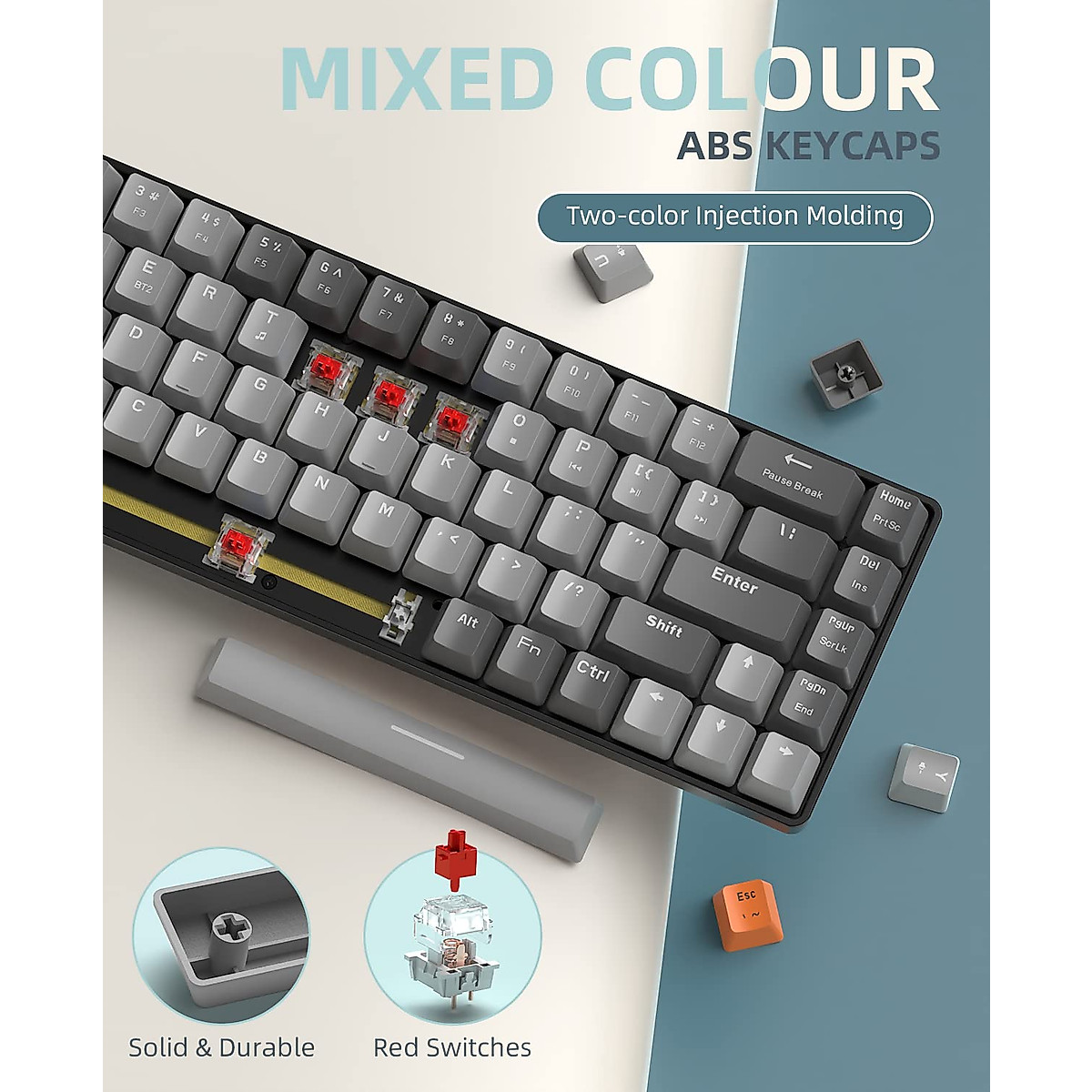 ZIYOU LANG RK68 60% Wireless Mechanical Keyboard,Bluetooth 5.0/2.4Ghz Dual Mode Receiver,Hot-Swappable Mini 68-Key,Retro Color Keycaps,Linear Red Switch,Ultra Power Saving for PC PS4 Xbox iPhone ipad