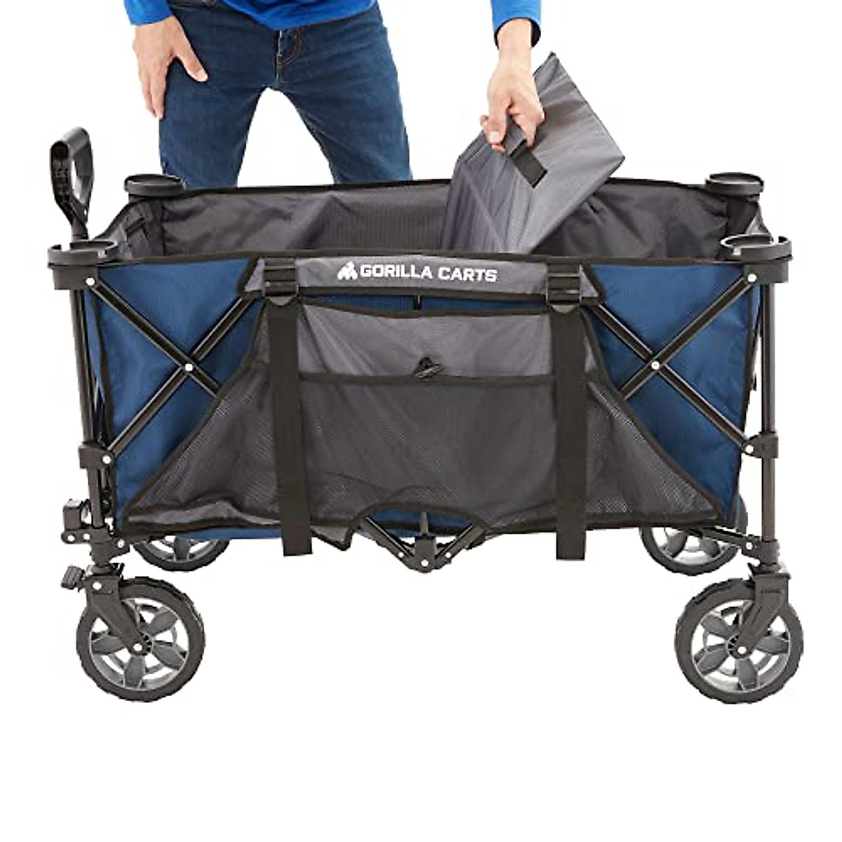 Gorilla Carts 7 Cubic Feet Foldable Collapsible Durable All Terrain Utility Pull Beach Wagon with Oversized Bed and Built in Cup Holders, Blue