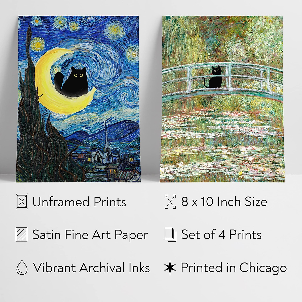 Famous Artists Wall Art Prints, Set of 4, Unframed, Size 8x10 Inch (Black Cat 2)