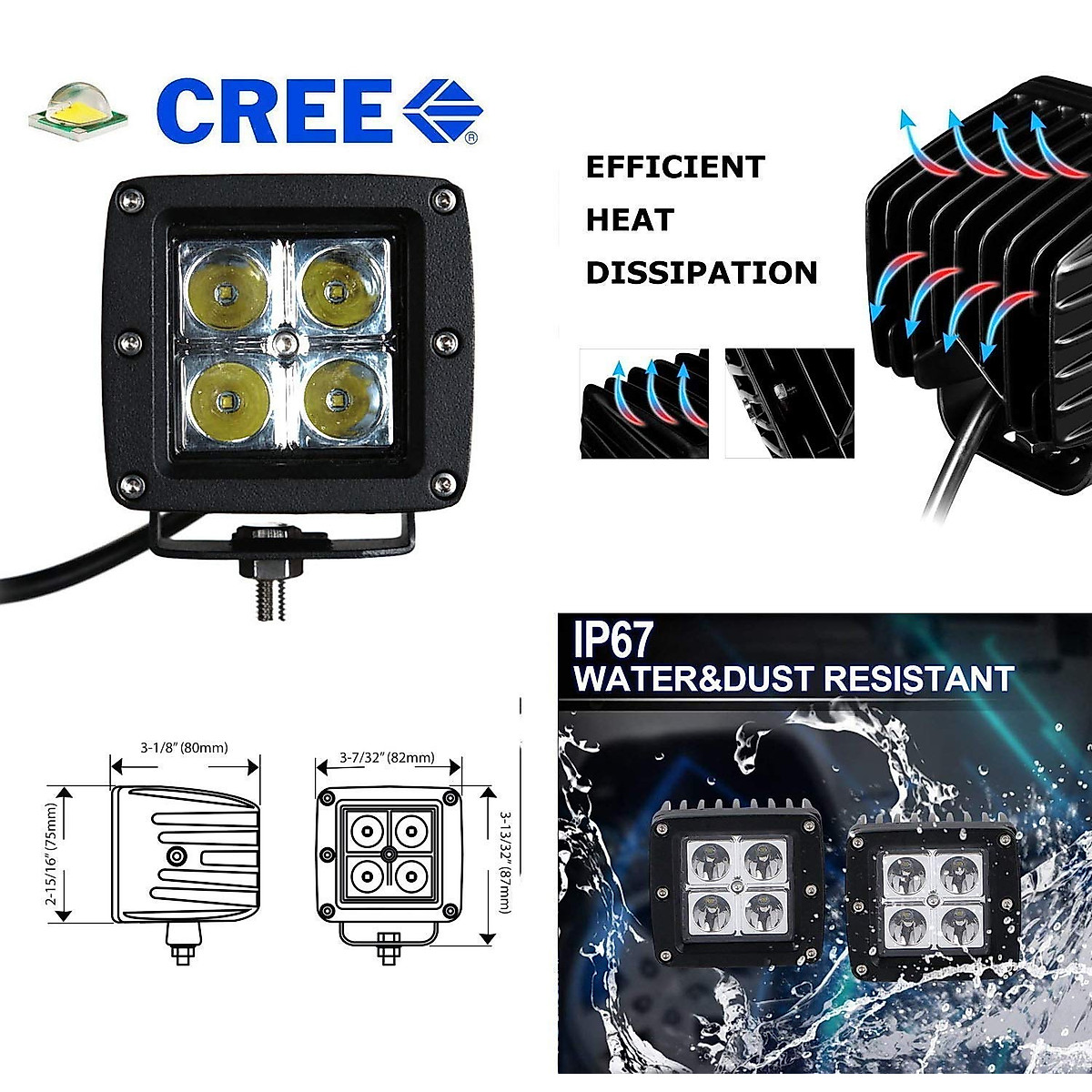 iJDMTOY Universal Fit License Plate Frame Mount 3-Inch LED Pod Fog Driving Light Kit, Include (2) 2x2 24W LED Cubic, Mounting Brackets & Relay Wiring Kit