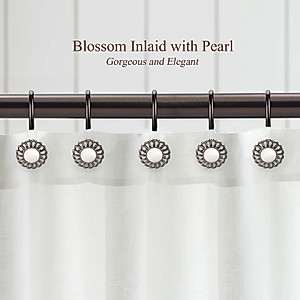 Oil Rubbed Bronze Shower Curtain Hooks, Decorative Sunflower Shower Curtain Rings for Bathroom Shower Curtain Rods and Liner,Metal Shower Hooks, Floral Pearl Shower Rings for Curtain Set of 12