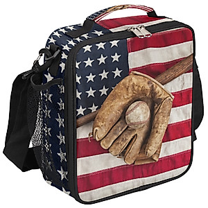 Vintage Baseball Insulated Lunch Box Kids Lunch Bags, Baseball American Flag Reusable Lunch Tote Bag Thermal Cooler Meal Bag with Shoulder Strap for Women Men Boys Girls