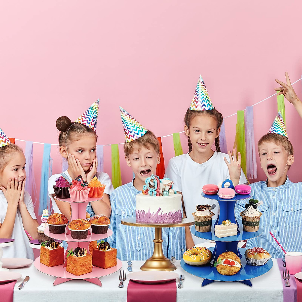 6 Set 3 Tier Cardboard Cupcake Stand Tiered Cake Holders Colorful Dessert Stand Paper Cake Stand Reusable Round 3 Tier Tower for Table Display Birthday Bridal Shower Party Supplies, 6 Colors