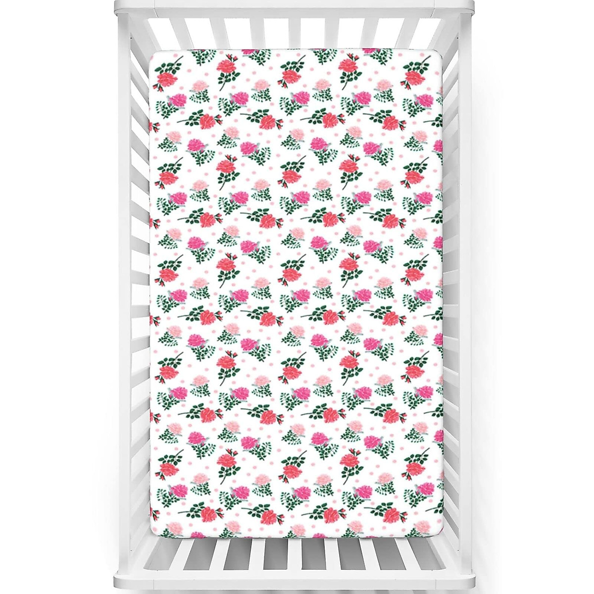 Rose Themed Fitted Mini Crib Sheets,Portable Mini Crib Sheets Soft and Breathable Bed Sheets-Great for Boy or Girl Room or Nursery,24“ x38“,Rose Dark Coral