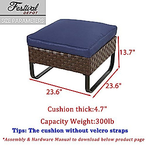 Festival Depot Patio Ottoman Footstool Outdoor Bistro Furniture with Premium Fabric Soft Cushion Wicker Rattan Square with U Shaped Slatted Steel Legs Foot Rest for Garden Yard Lawn All-Weather