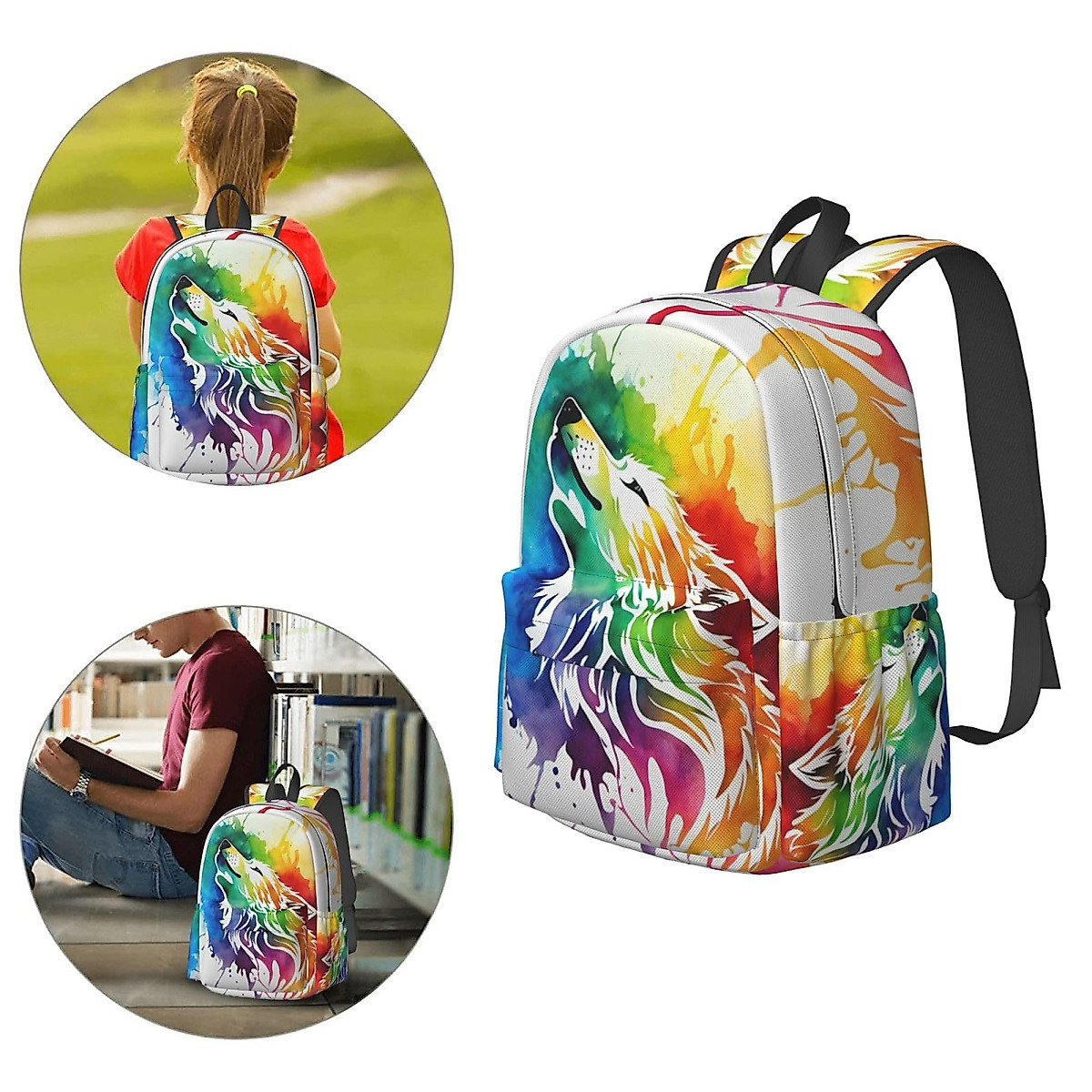 FeHuew 16 inch backpack Tie Dye Colorful Howl Wolf Laptop Backpack Full Print School Bookbag Shoulder Bag for Travel Daypack