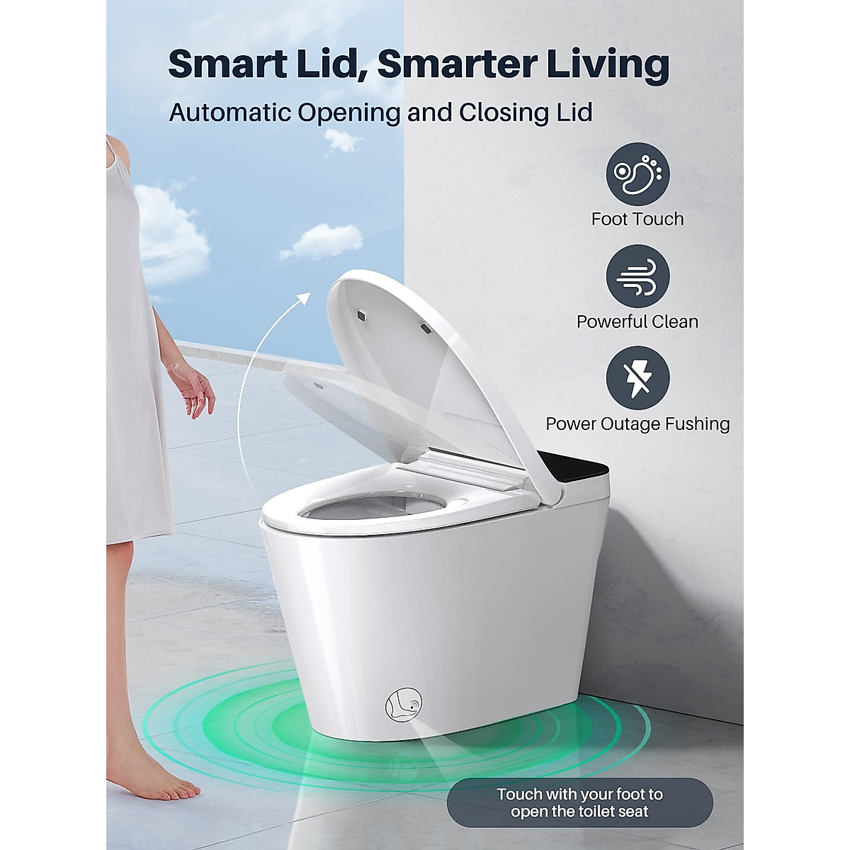 Smart Toilet with Built-in Tank & Bidet Auto Open/Close Foot Sensor Flush Dryer Heated Seat Soft Close Elongated One-Piece Design (ZY695A)
