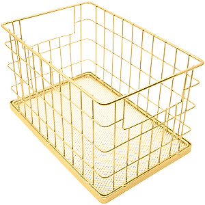Set of 2 Stackable 10" Metal Wire Storage Basket Bins With Handles (Gold Woven Mesh Base)