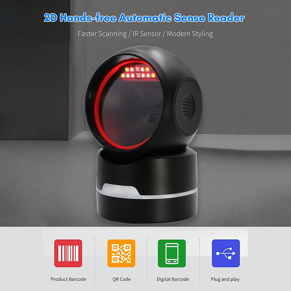 1D 2D QR Desk Wired Barcode Scanner Platform Hands-Free Automatic Sense Reader USB Port Plug&Play Compatible with Window Android System Image CMOS Sensor Suitable for Supermarket Retail