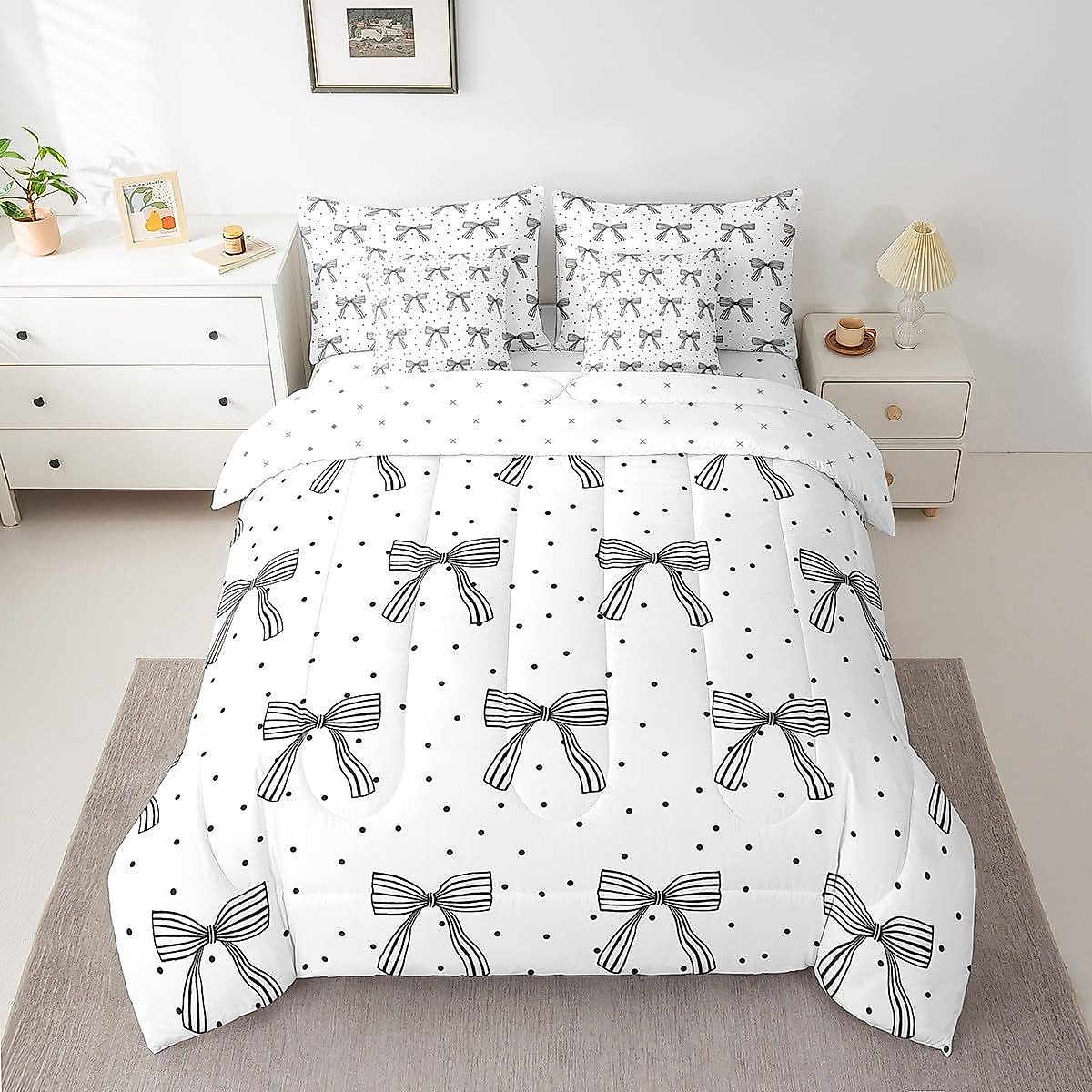 7 Pieces Cute Bowknot Girlish Comforter Full Size,Cartoon Bow-tie Princess Bedding Set,Geometric Dots Zebra Stripes Black White Simple（Comforter+Fitted+Flat Sheet+2 Pillowcases+2 Throw Pillow Covers）