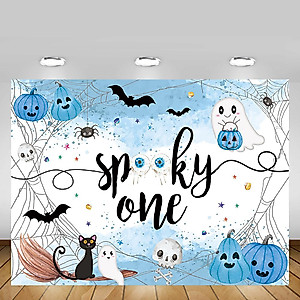 MEHOFOND 7x5ft Halloween Spooky One Backdrop Blue Watercolor Little Boo Baby Shower Photography Background for Boys Bat Spider Web Blue Pumpkin Skull Ghost Photo Shoot Props
