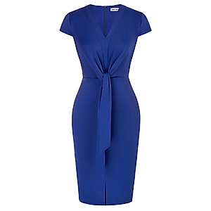 Ladies Midi Summer Dress Short Sleeve Bussiness Casual Outfits for Work Modest V-Neck Interview Outfits Teacher Office Church Royal Blue 2XL