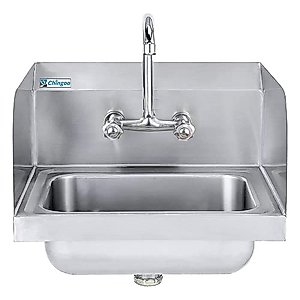Chingoo Stainless Steel Sink with Faucet and Side Splash Commercial Wall Mount Hand Sink for Restaurant, Kitchen and Home, 17 x 15 Inches