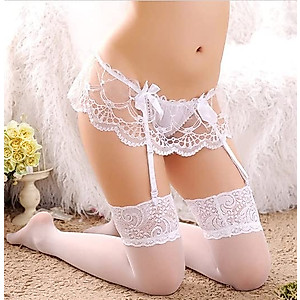 HOTSO Women Lace Garter Belt and Stockings Set Sexy Suspenders with G-String Panty Satin Bow Trim Mini Skirt Hosiery Mesh Lingerie (White)