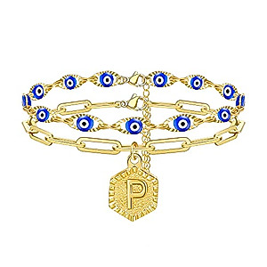JoycuFF Gold Bracelets for Teen Girls Letter P Anklets for Women 14K Gold Bracelet Summer Holiday Gifts for Her Hexagon Initial Letter Evil Eye Bracelets